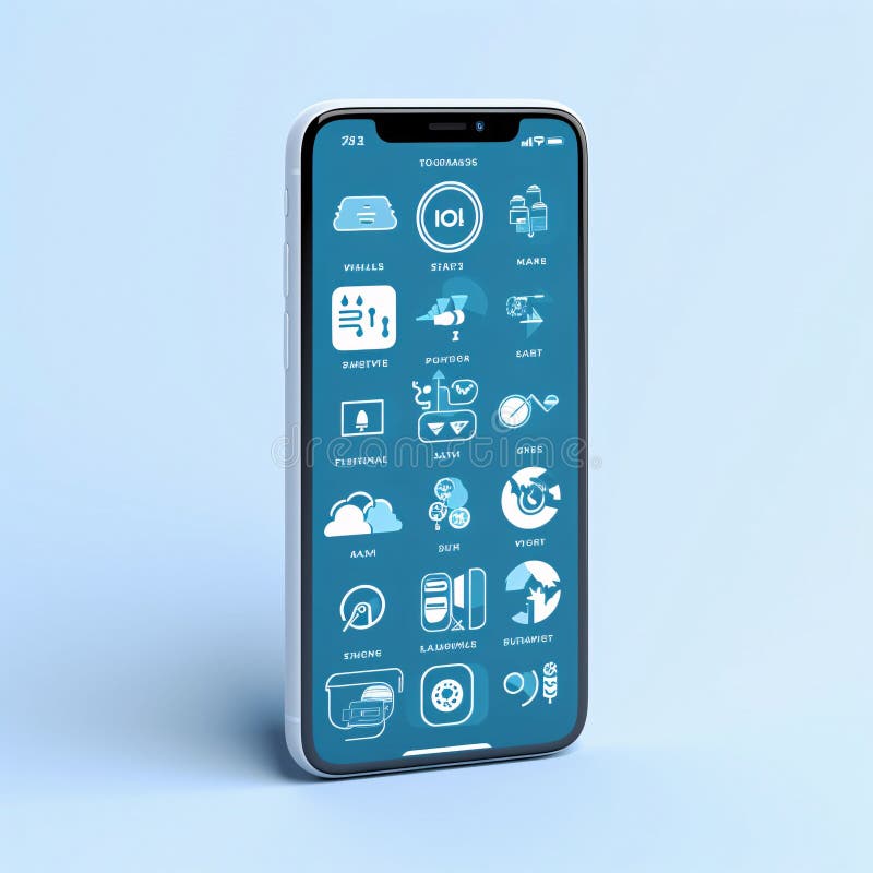Smartphone with Apps on the Screen on a Blue Background. 3d Rendering ...