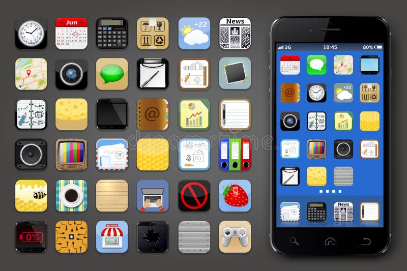 Smartphone with apps set stock vector. Illustration of icon - 235117204