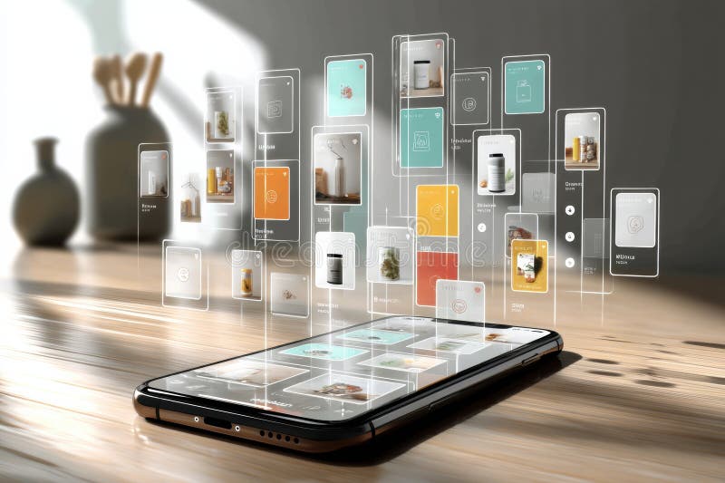 Smartphone AR View Showcasing Floating Product Cards in a Modern Home ...