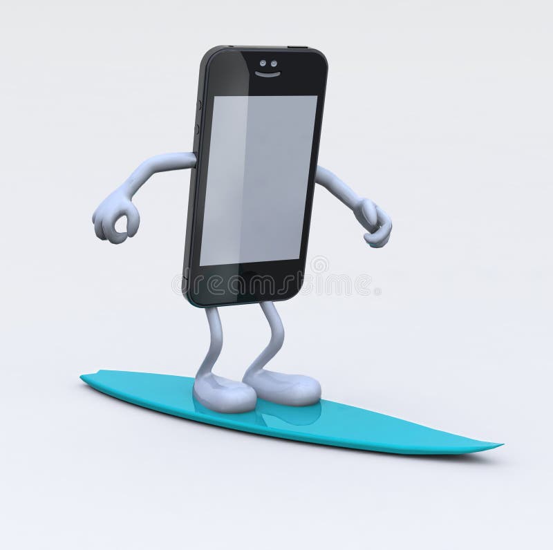 Smartphone with Arms and Legs on Surfboard Stock Illustration ...
