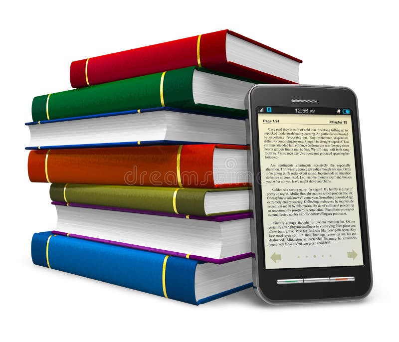 Smartphone with bookshelf stock illustration. Illustration of learning ...