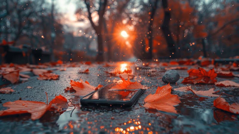 Smartphone in Autumn Rainfall Park on Wet Path with Orange Foliage ...