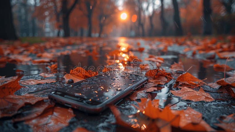 Smartphone in Autumn Rainfall Park on Wet Path with Orange Foliage ...