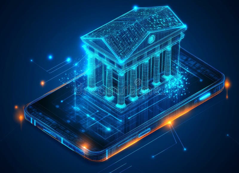 On a Smartphone, a Bank Icon is Highlighted by a Glowing Network ...