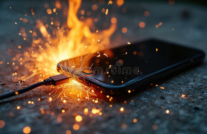 Smartphone Battery Failure Causes Fire Sparks. Phone Charging Cable ...