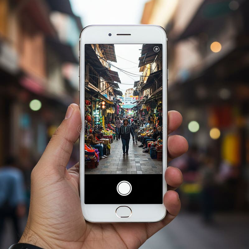 A Smartphone is Being Held Vertically, Capturing a Bustling Outdoor ...
