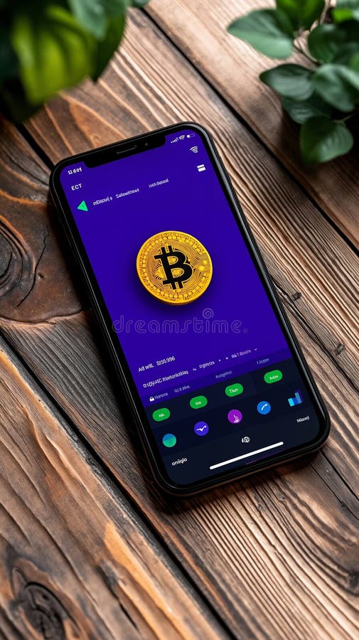 A Smartphone with a Bitcoin on the Screen on a Wooden Table Stock Photo ...