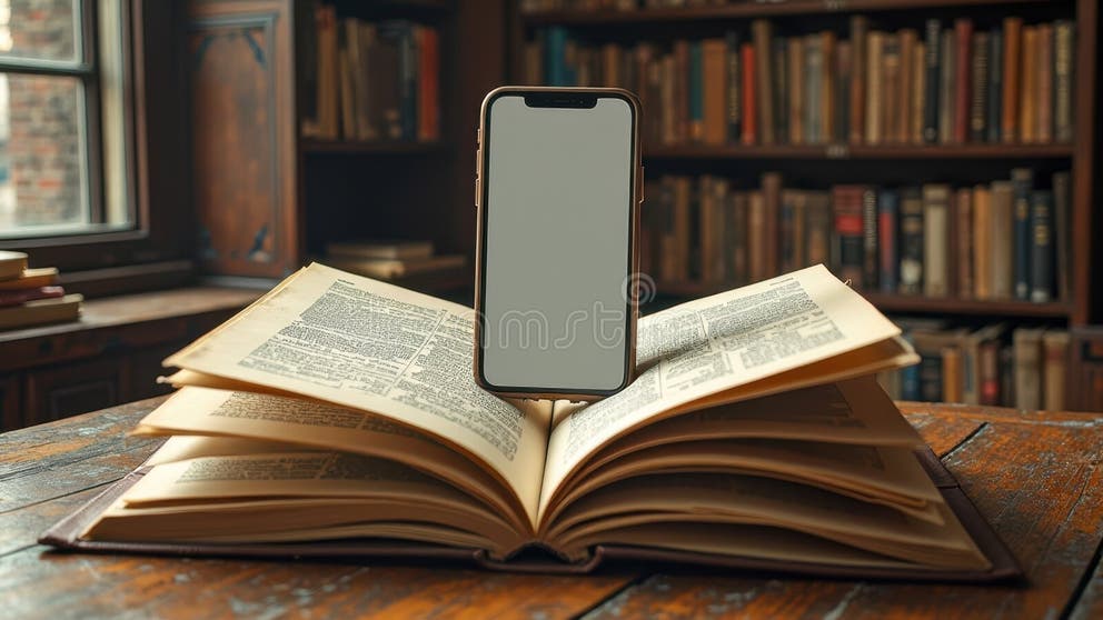 Smartphone with Blank Screen Balanced on Open Dictionary in Cozy ...