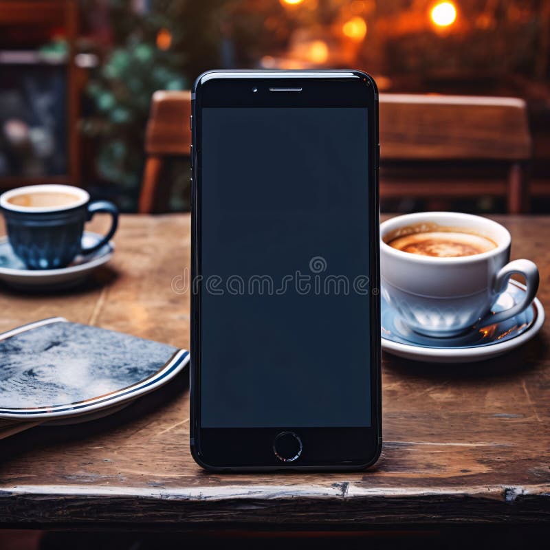 Smartphone with Blank Screen and Coffee Cup on Wooden Table in Cafe ...