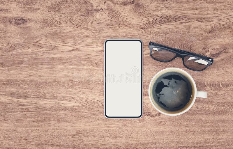Smartphone with Blank Screen and Coffee Mug on Wood Office Desk, 3d ...