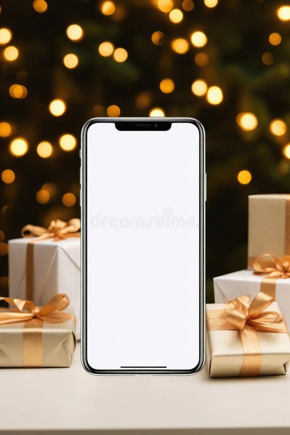 Smartphone with Blank Screen and Gift Boxes on Table Against Blurred ...