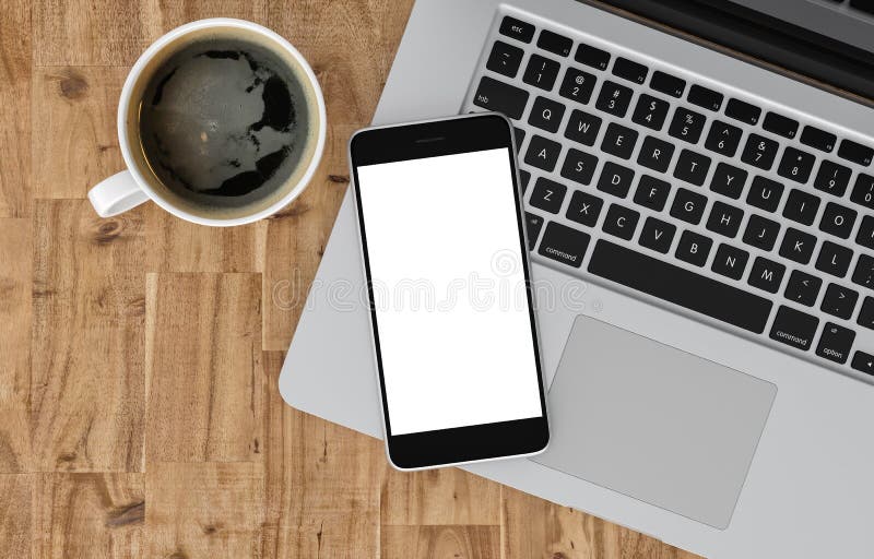 Smartphone with Blank Screen and Laptop on Wood Office Desk, 3d ...