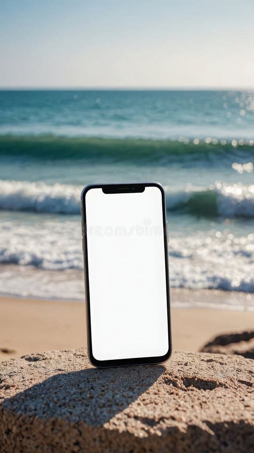 Smartphone with Blank Screen on Sandy Beach Stock Photo - Image of ...
