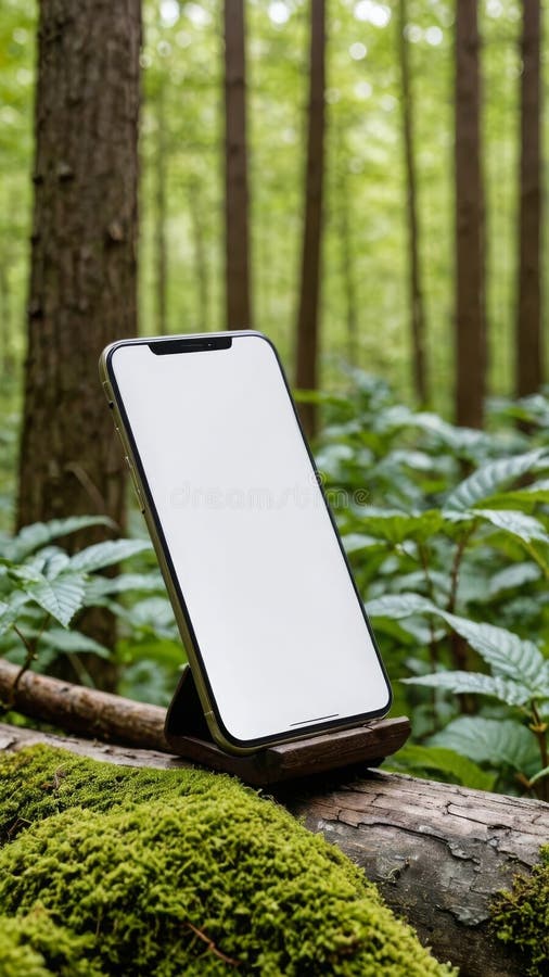 Smartphone with Blank Screen on Stand in Forest Stock Image - Image of ...