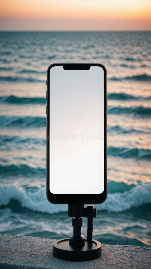 Smartphone with Blank Screen on Stand by Ocean at Sunset Stock Photo ...