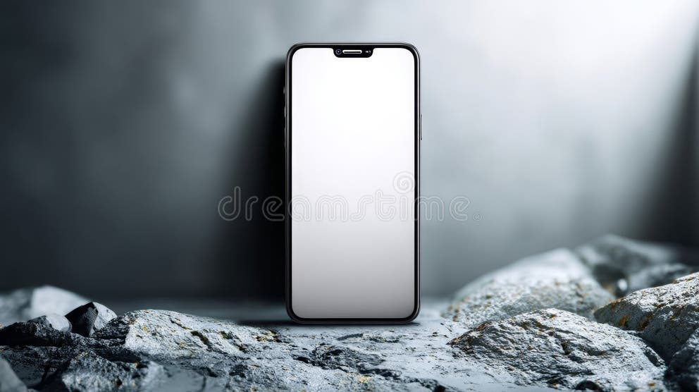 Smartphone with Blank Screen Standing Upright on Dark Marble Surface ...