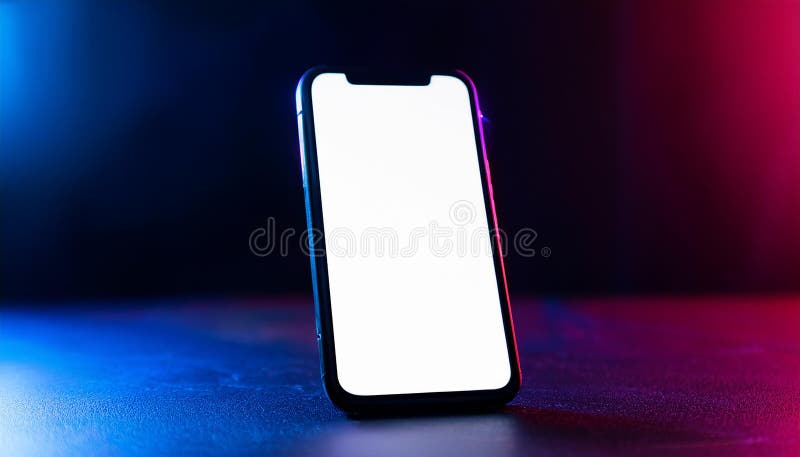 Smartphone with Blank White Screen, Dark Blurred Backdrop with Neon ...