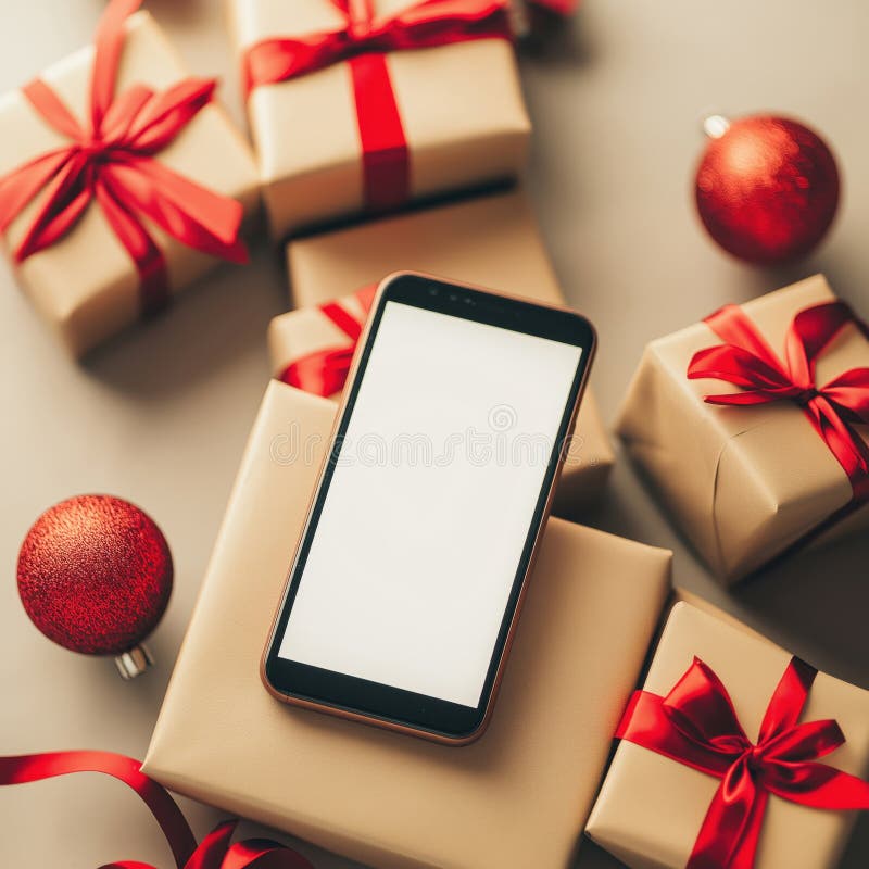 Smartphone with a Blank White Screen Lying on Top of a Stack of Gift ...