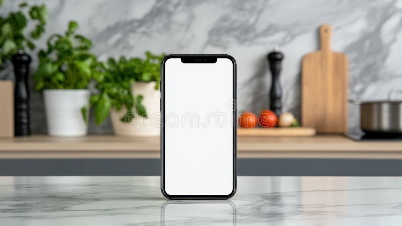 Smartphone Blank White Screen Mockup Over Blurred Modern Kitchen ...
