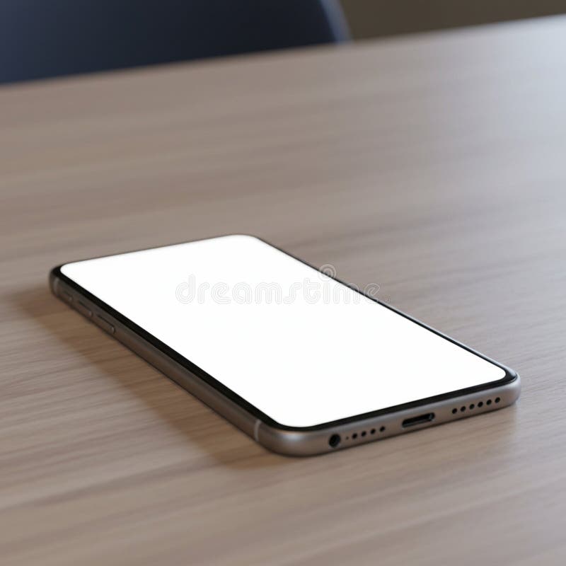 A Smartphone with a Blank White Screen Rests on a Light Wooden Table ...