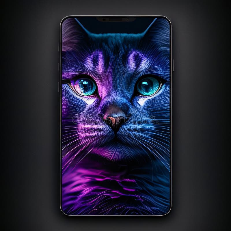 Smartphone with Blue Cat Face on a Black Background. 3d Rendering Stock ...