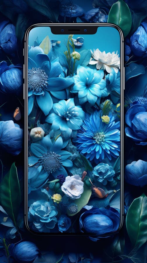 Smartphone with Blue Flowers on the Screen. Floral Background Stock ...