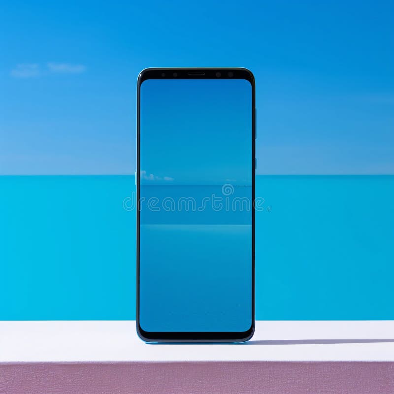 Smartphone with Blue Screen on White Table and Swimming Pool Background ...