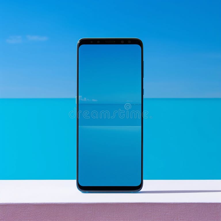 Smartphone with Blue Screen on White Table and Swimming Pool Background ...