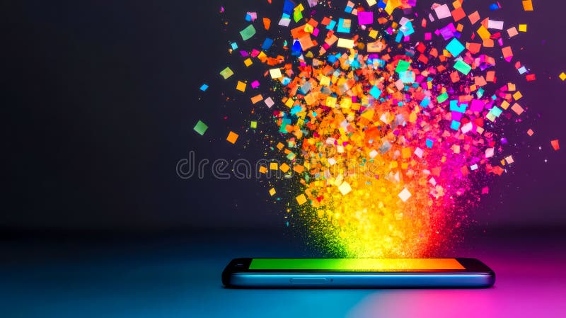 Smartphone Emitting Colorful Confetti in a Dark Environment Stock ...