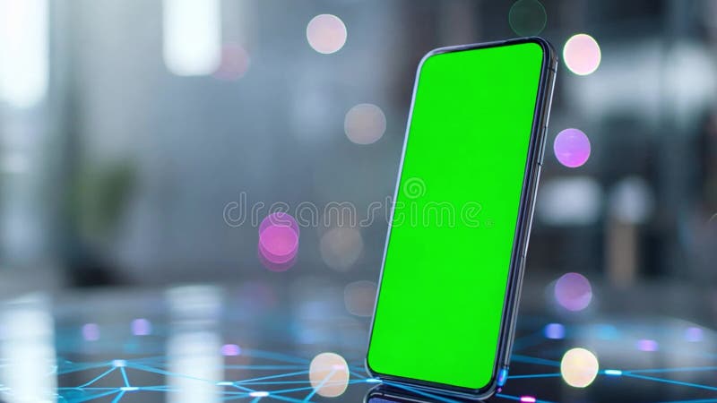 A Smartphone with a Bright Green Screen Stands on a Reflective Surface ...