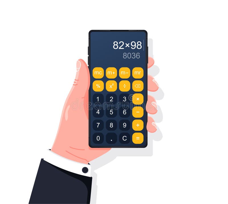 Smartphone with Calculator App. Flat Design of Hand Holding Phone with ...
