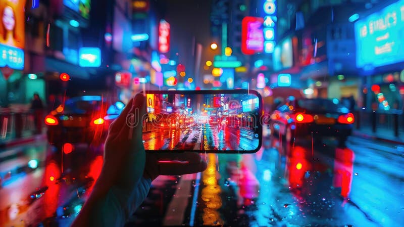 Smartphone Capturing Neon-lit Street on Rainy Night. Stock Photo ...