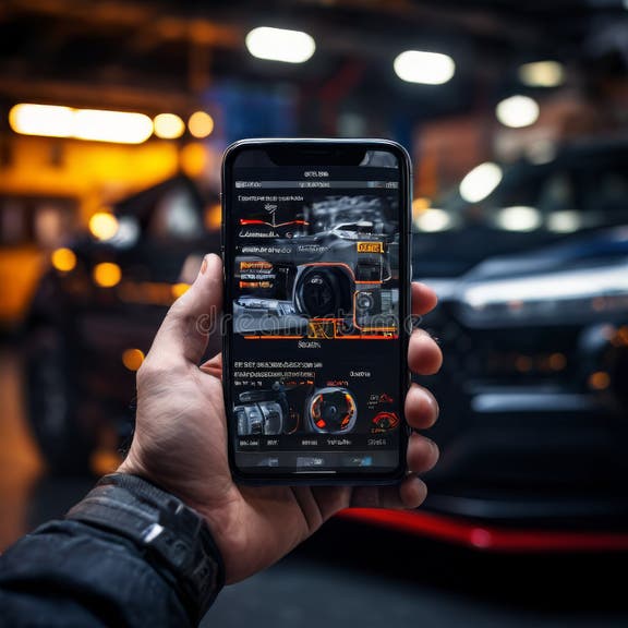 Smartphone with Car Specs and Technology Interface in Garage Setting Stock Image - Image of ...