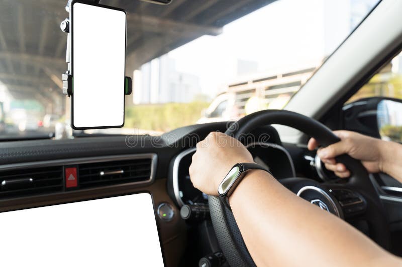 Smartphone in a Car Use for Navigate or GPS. Driving a Car with ...