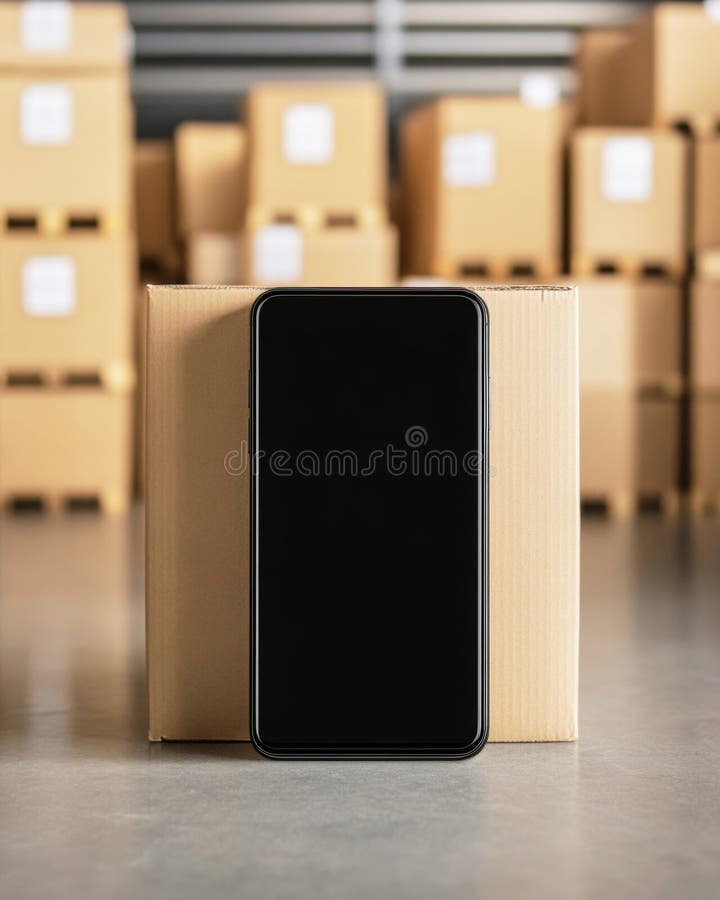 Smartphone on Cardboard Box in Modern Warehouse with Natural Lighting ...
