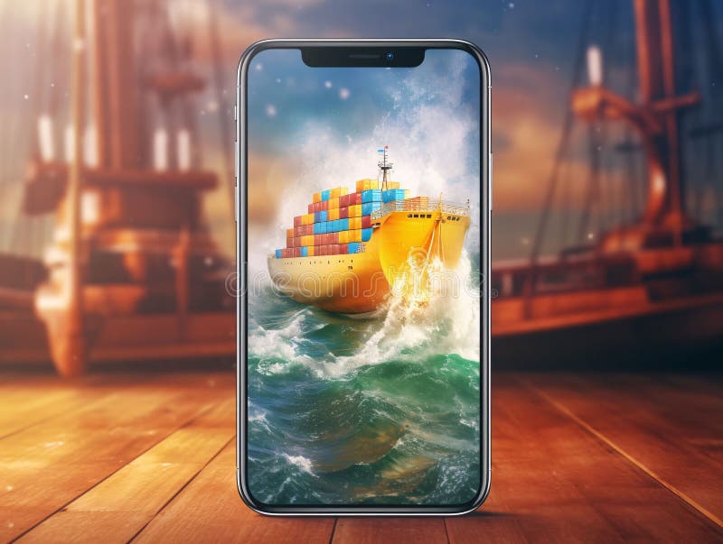 Smartphone with Cargo Ship on Screen. Shipping and Logistics Concept ...