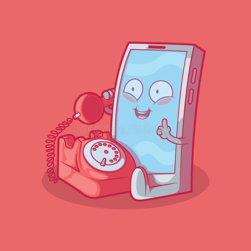Smartphone Character Using a Vintage Phone Vector Illustration. Stock ...