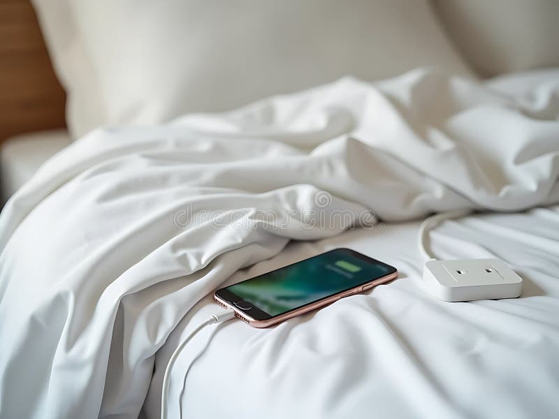 Smartphone Charging on a Bed with White Sheets Stock Illustration ...