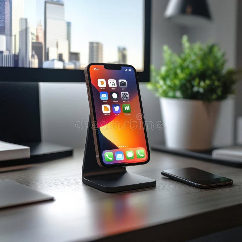 Smartphone on Charging Stand with Apps Displayed Stock Illustration ...