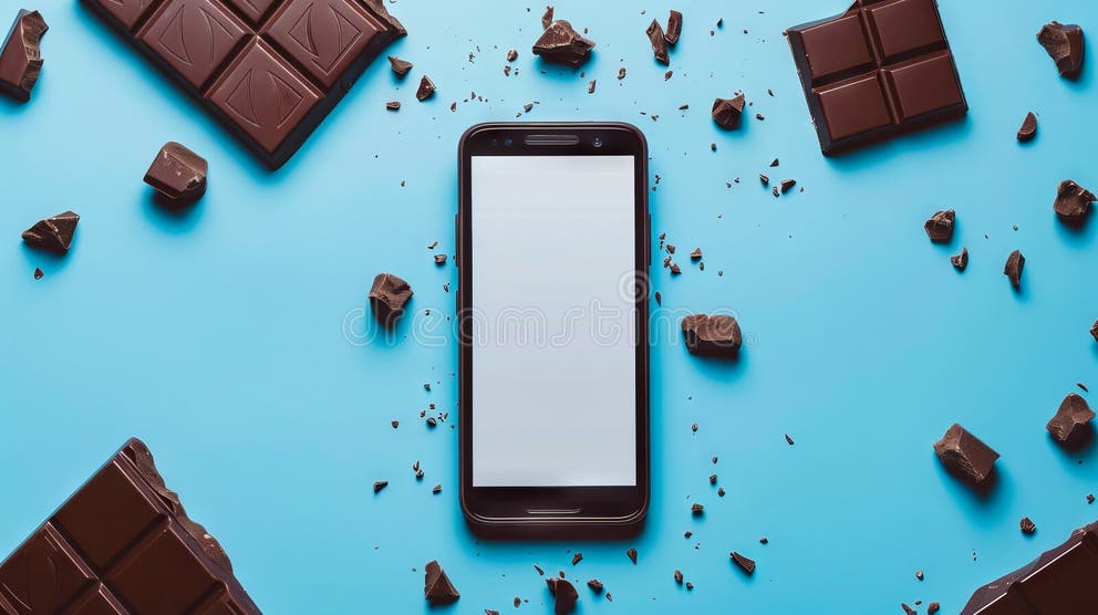 A Smartphone with Chocolate Pieces on a Blue Background Stock Photo ...