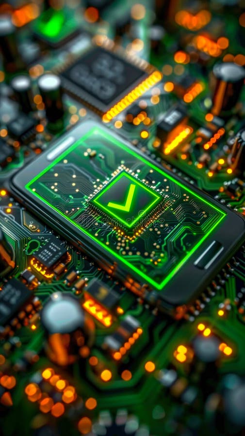 Smartphone on a Circuit Board Displaying a Green Checkmark Representing ...