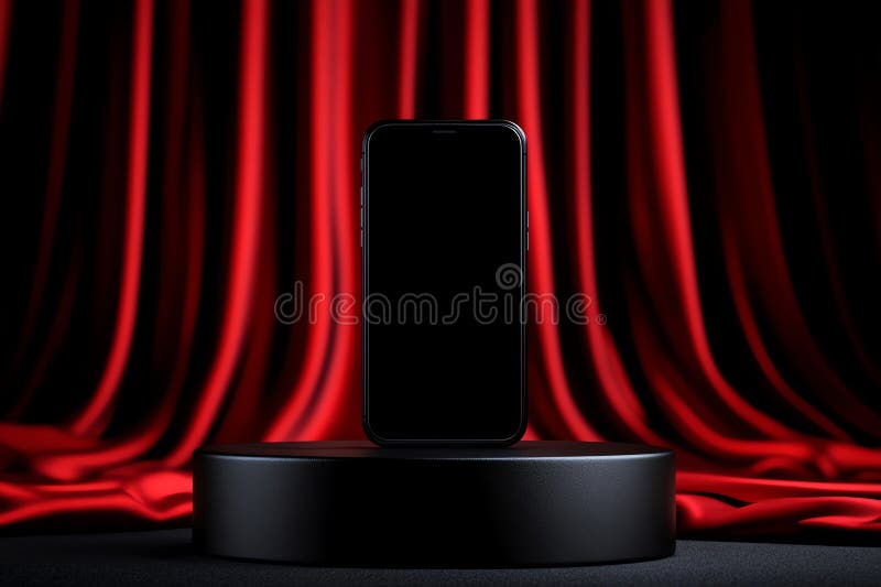 Smartphone on Circular Base with Dramatic Red Curtain Backdrop Stock ...