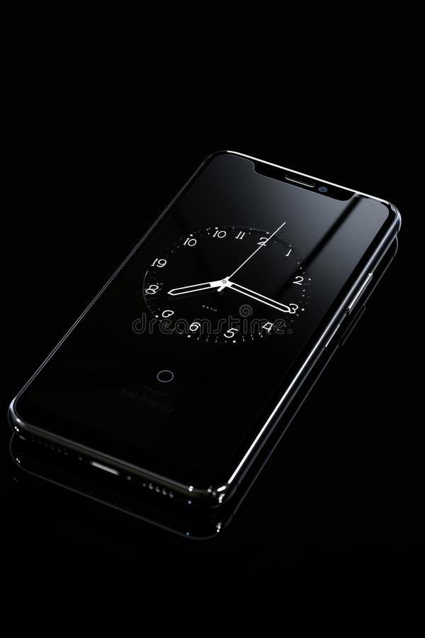 Smartphone with Clock Face Screen, Sleek Design, on Black. Stock ...