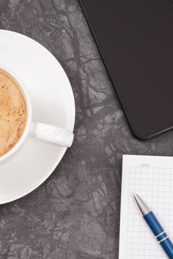 Smartphone, Coffee with Milk and Notepad for Notes. Work or Relaxation ...