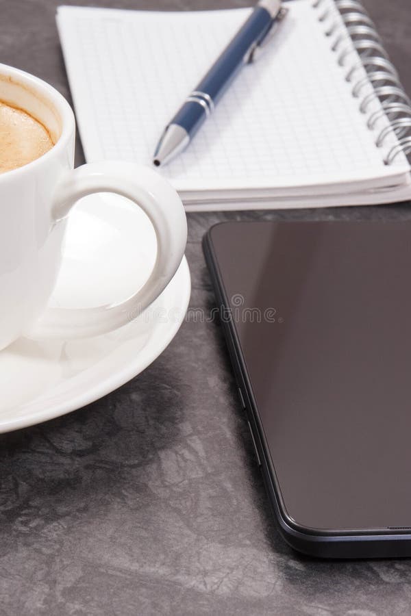 Smartphone, Coffee with Milk and Notepad for Notes. Work or Relaxation ...