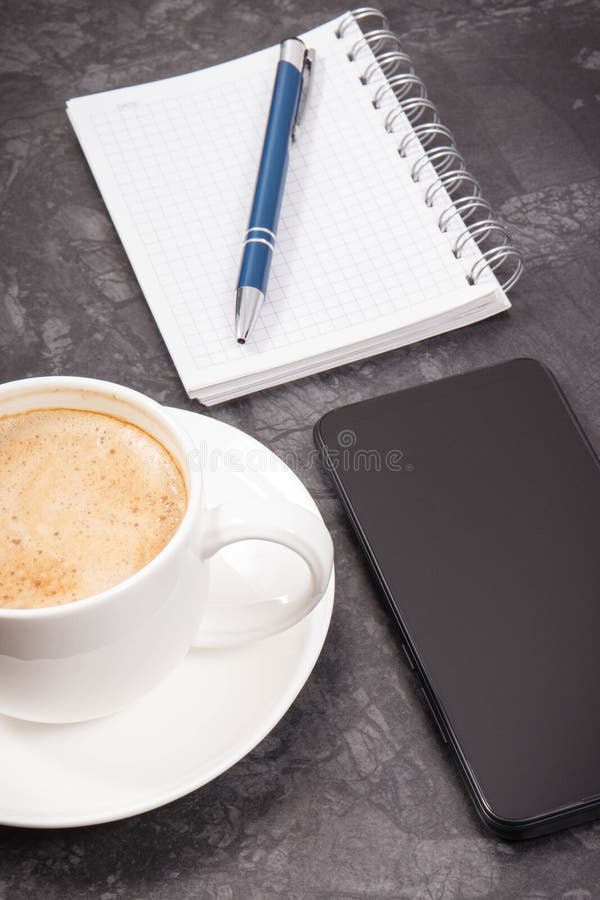 Smartphone, Coffee with Milk and Notepad for Notes. Work or Relaxation ...