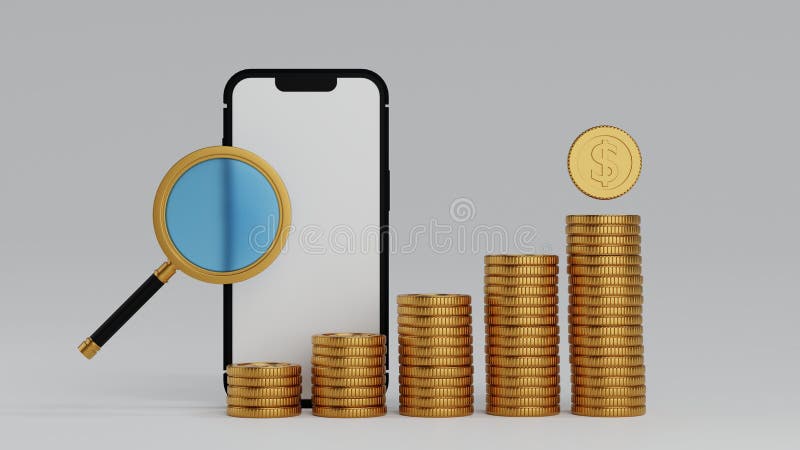Smartphone with Coin Stack and Magnifying Glass, Business Analysis ...