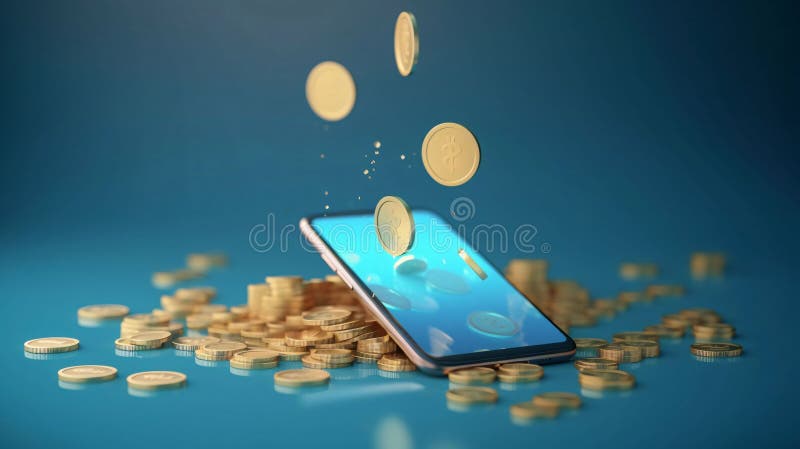 Smartphone with Coins Falling on Blue Background. 3D Illustration Stock ...