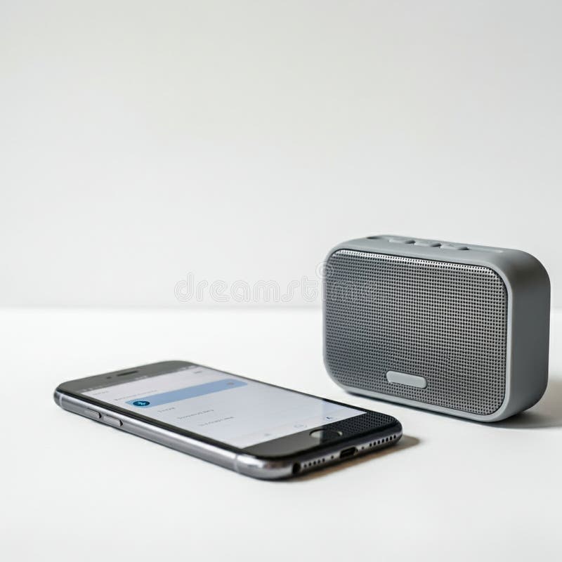 Smartphone and Compact Portable Bluetooth Speaker on a White Surface ...