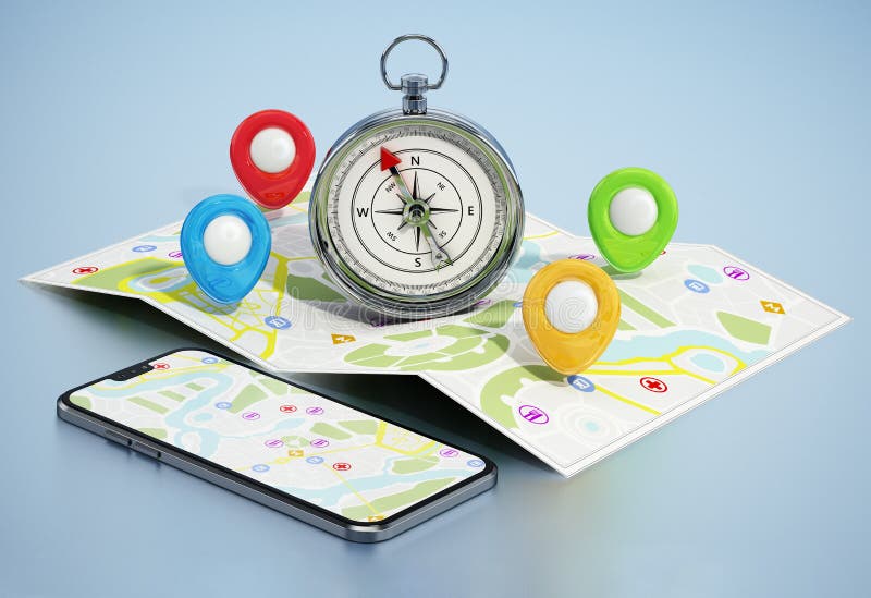 Smartphone, Compass and GPS Markers Standing on Navigation Map. 3D ...